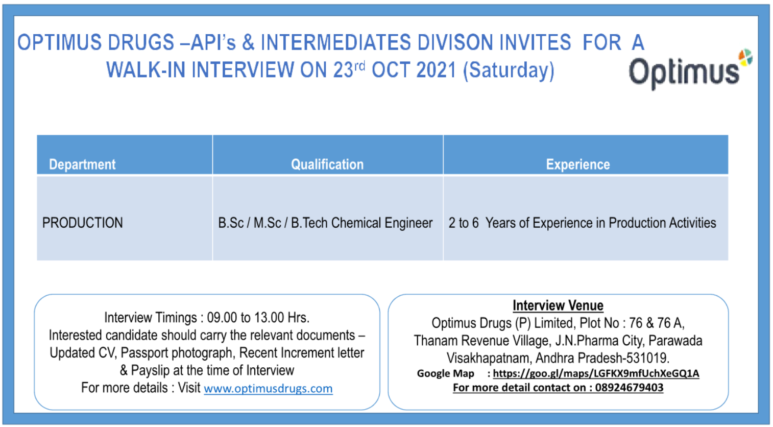 Optimus Drugs Ltd - Walk-In Interviews For Production In Visakhapatnam