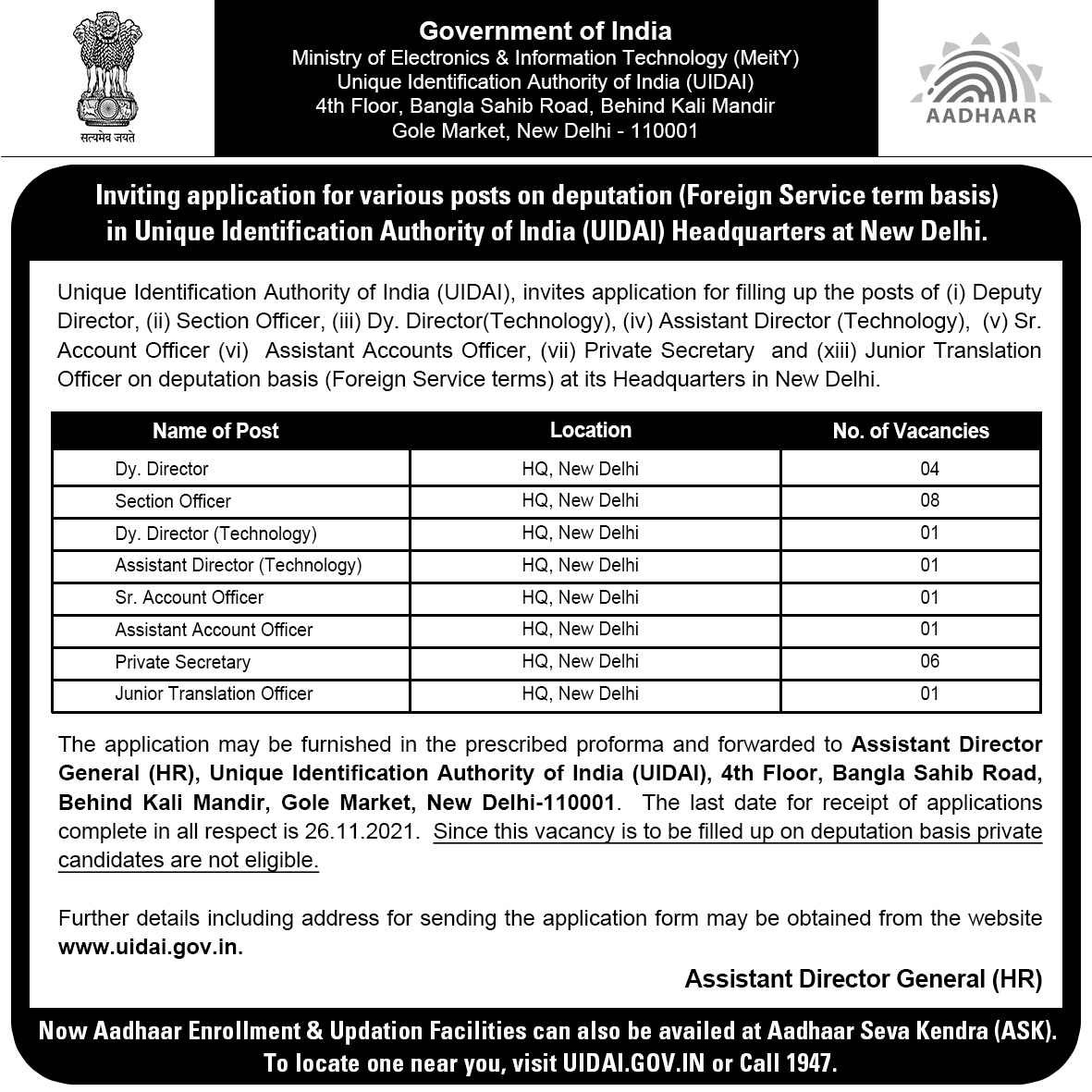 Unique Identification Authority of India (UIDAI) Job Notification