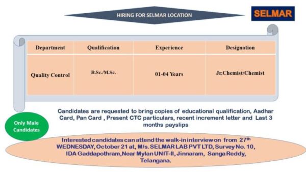 Selmar Lab Walk-In-Interview Walk-In-Interview for Quality Control Sr ...