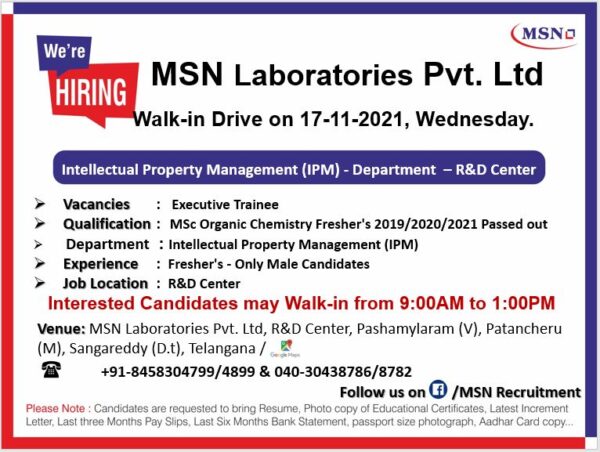 MSN Laboratories Pvt. Ltd – Walk-In Drive for Freshers