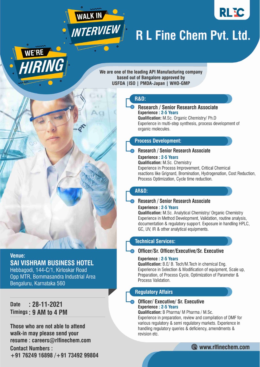 R L Fine Chem Pvt Ltd Walk-In Interviews for Multiple Positions