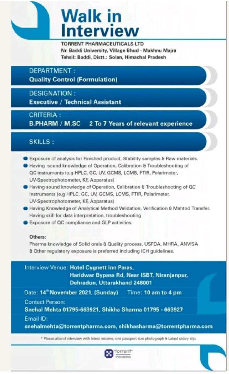 Torrent Pharmaceuticals – Walk-Ins for Quality Control