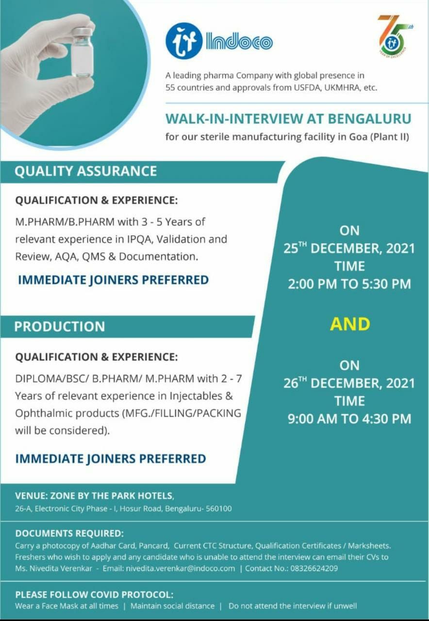 Indoco Remedies Ltd – Walk-Ins for Quality Assurance / Production