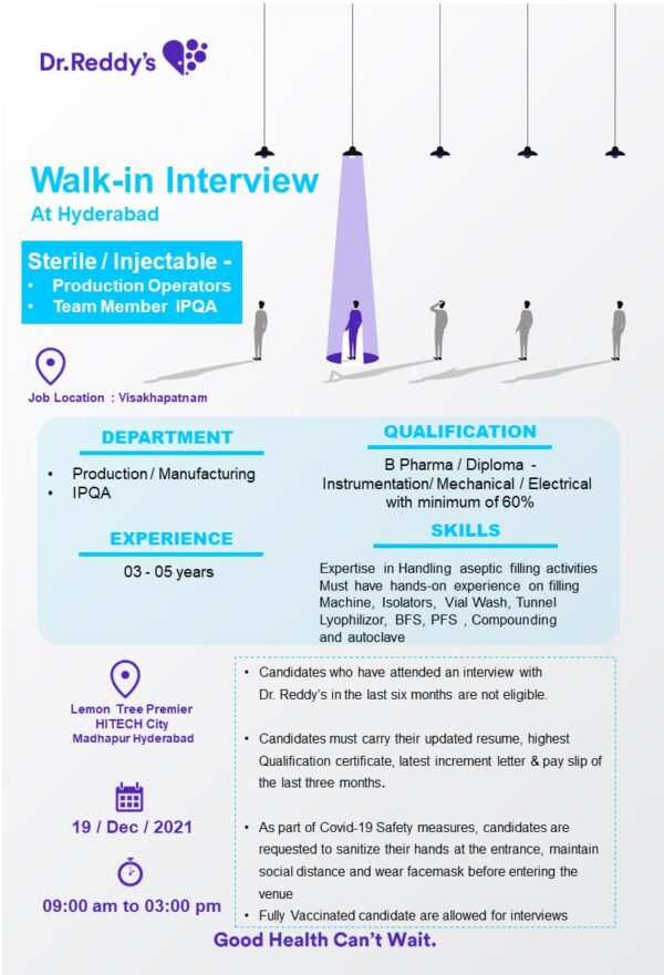 Dr.Reddy’s – Walk-In Interviews