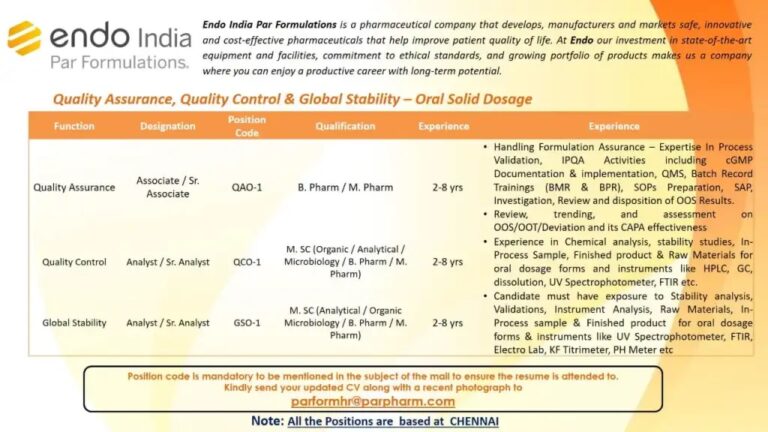 Endo India Par Formulations – Hiring for Warehouse / Manufacturing ...