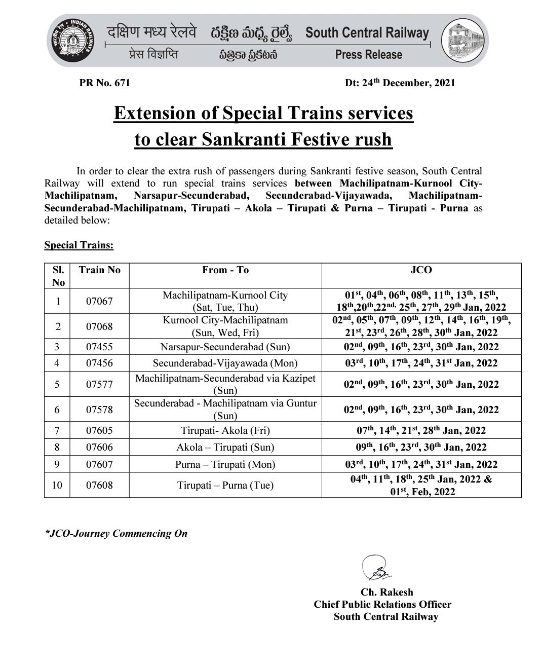 Southern Railway introduce special trains to clear rush for sankranti