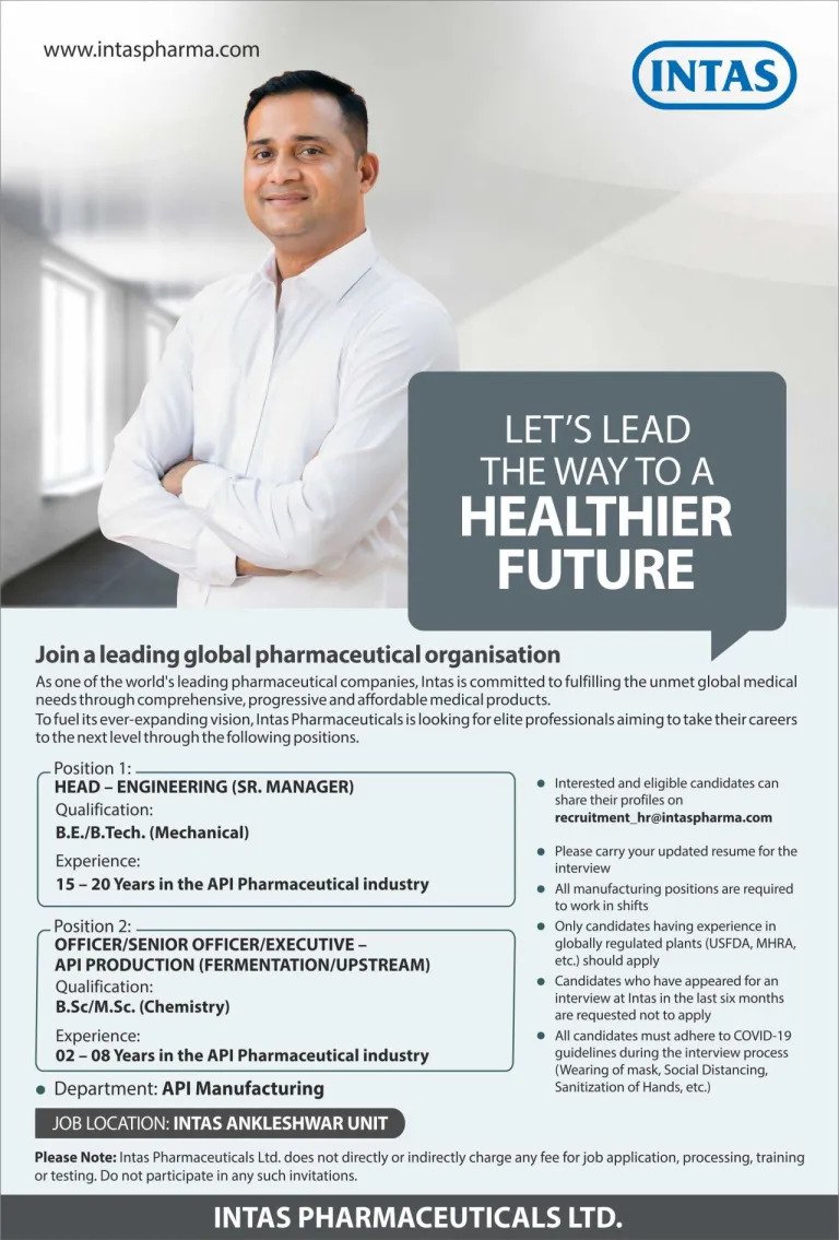 Intas Pharmaceuticals – Openings for Engineering / Production / R&D ...
