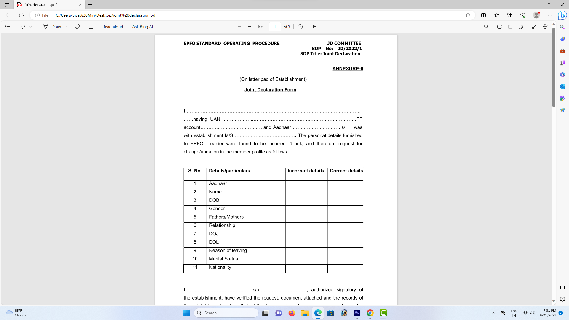 Epf New Joint Declaration Full Details